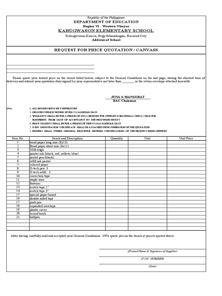 Kabugwason Elementary School: Request For Price Quotation / Canvass ...