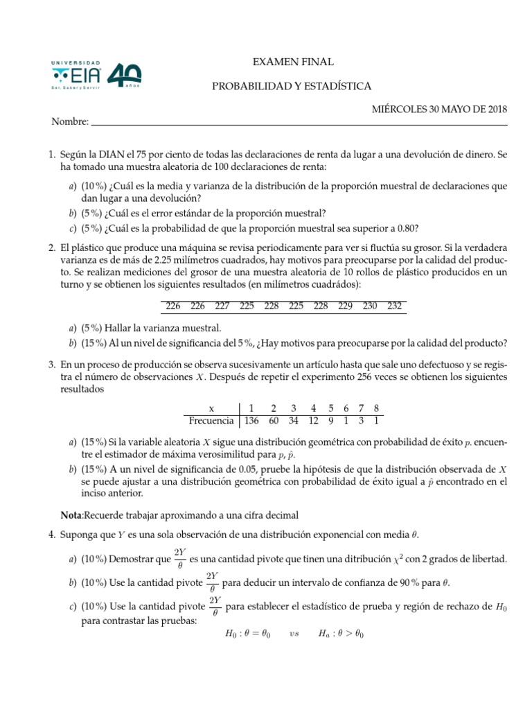 Examen Final Probabilidad Y Estad Istica | PDF | Muestreo (Estadísticas) | Diferencia
