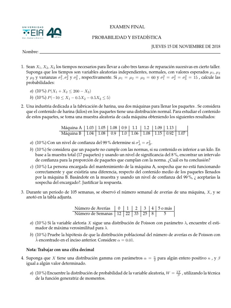 Examen Final Probabilidad Y Estad Istica: Nota: Trabajar Con Una Cifra Decimal | PDF ...