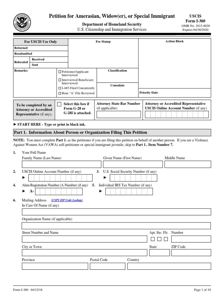 Petition For Amerasian, Widow (Er), or Special Immigrant: Uscis Form I ...