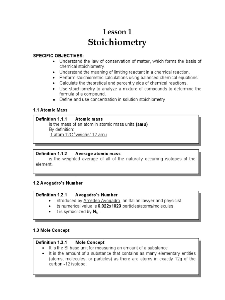 CHM01 Co4 Lesson1 Stoichiometry | PDF | Mole (Unit) | Stoichiometry