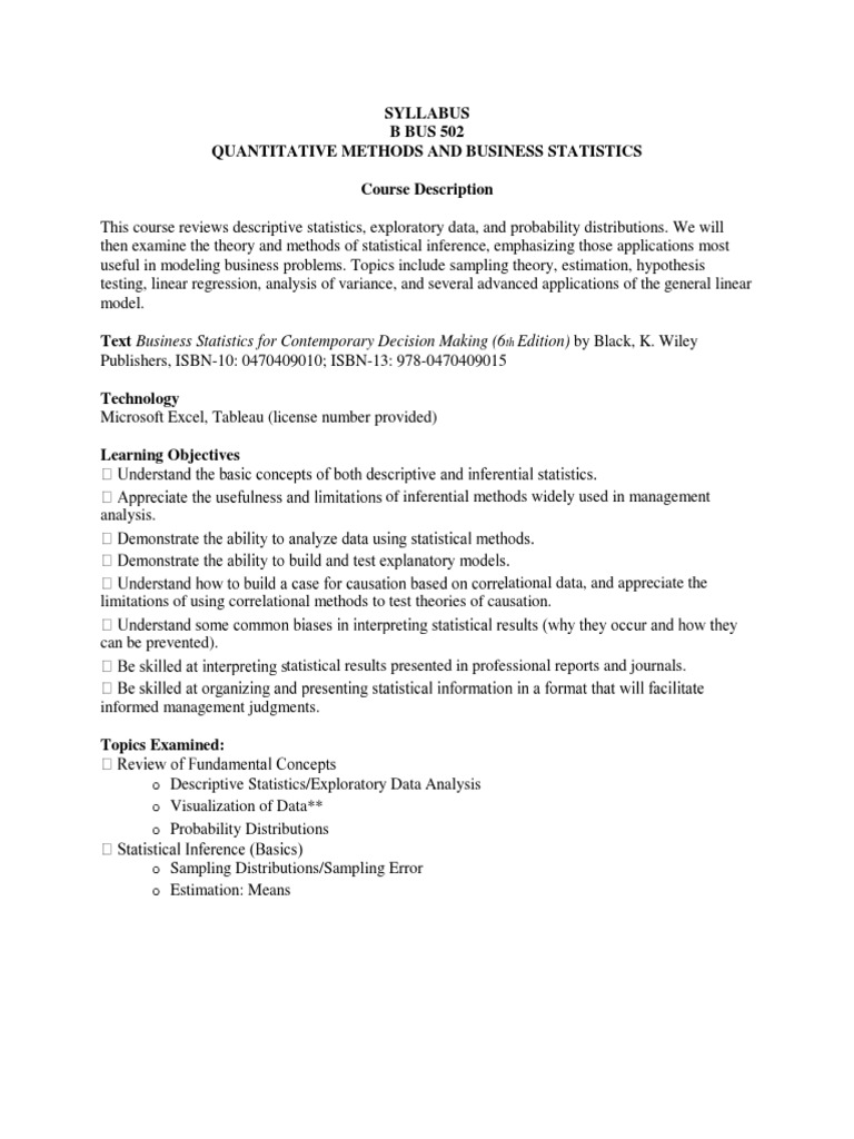 Syllabus B BUS 502 Quantitative Methods and Business Statistics Course ...