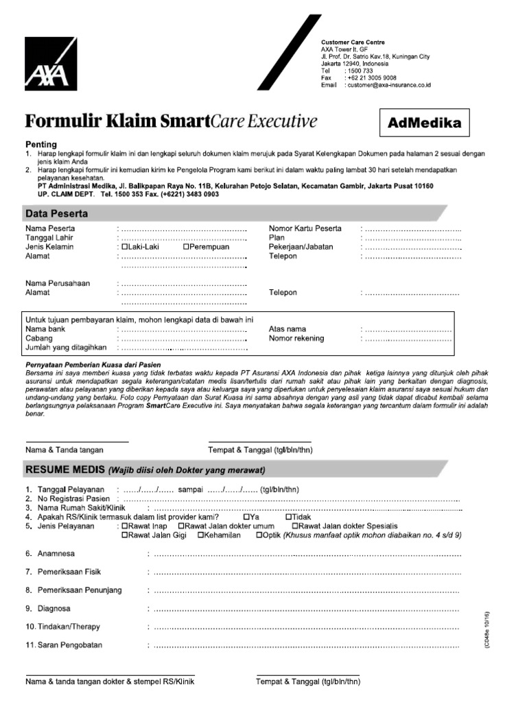 SmartCare ExecutiveClaim Form Bahasa - AdMedika | PDF
