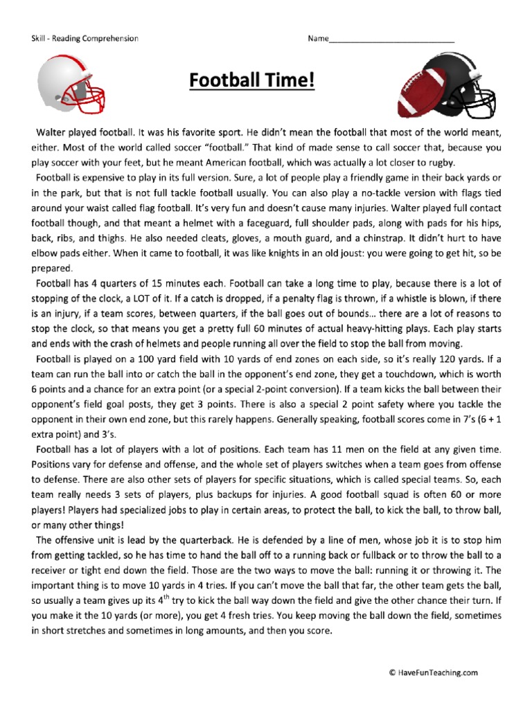 Football Time Sixth Grade Reading Comprehension Worksheet | PDF