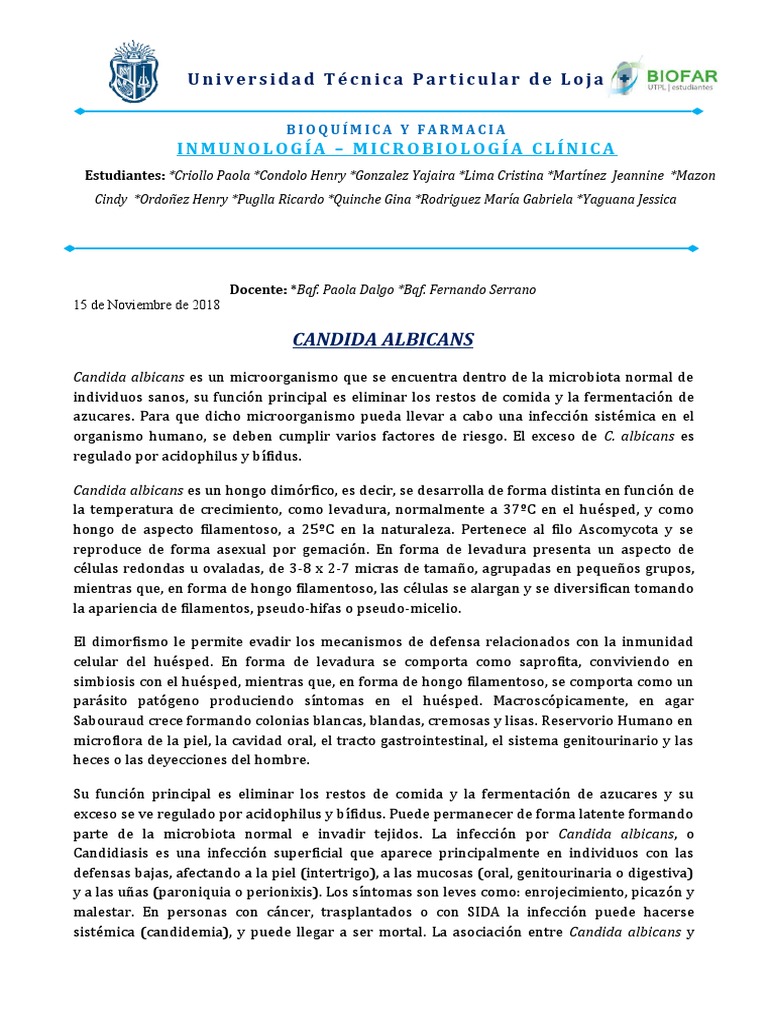 Candida albicans: Infecciones y Patogénesis | PDF | Candidiasis ...