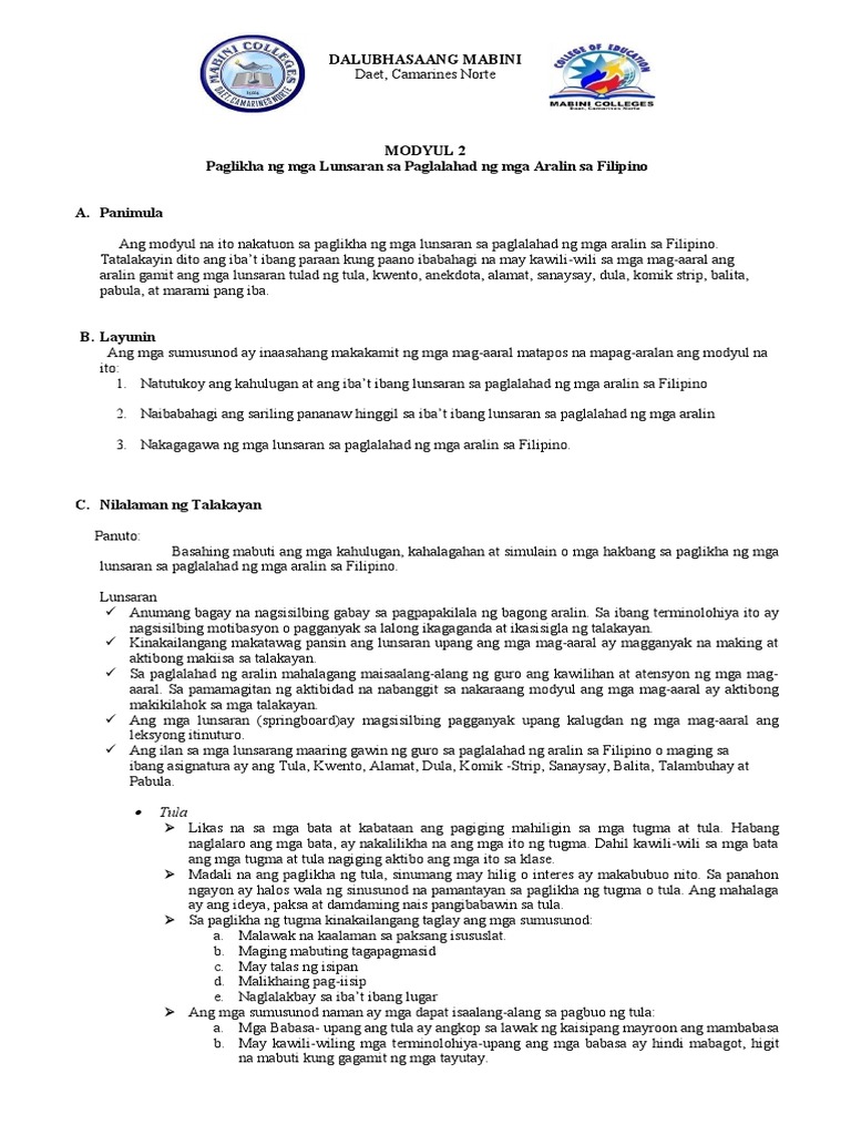 Modyul 2-Paghahanda NG Mga Lunsaran Sa Paglalahad NG Aralin Sa Filipino ...