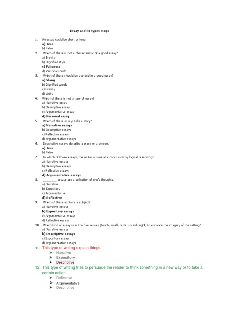 MCQs on Essay Types and Writing | PDF | Essays | Writing