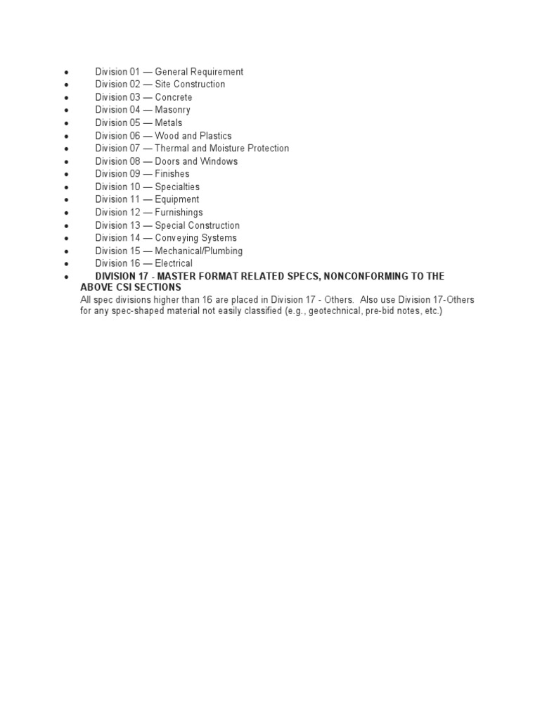 Construction Specification Divisions Overview | PDF