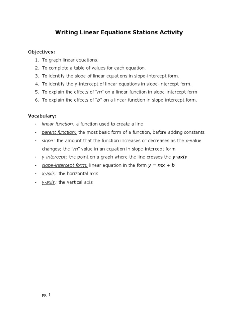 Writing Linear Equations Stations Activity: Objectives | PDF ...