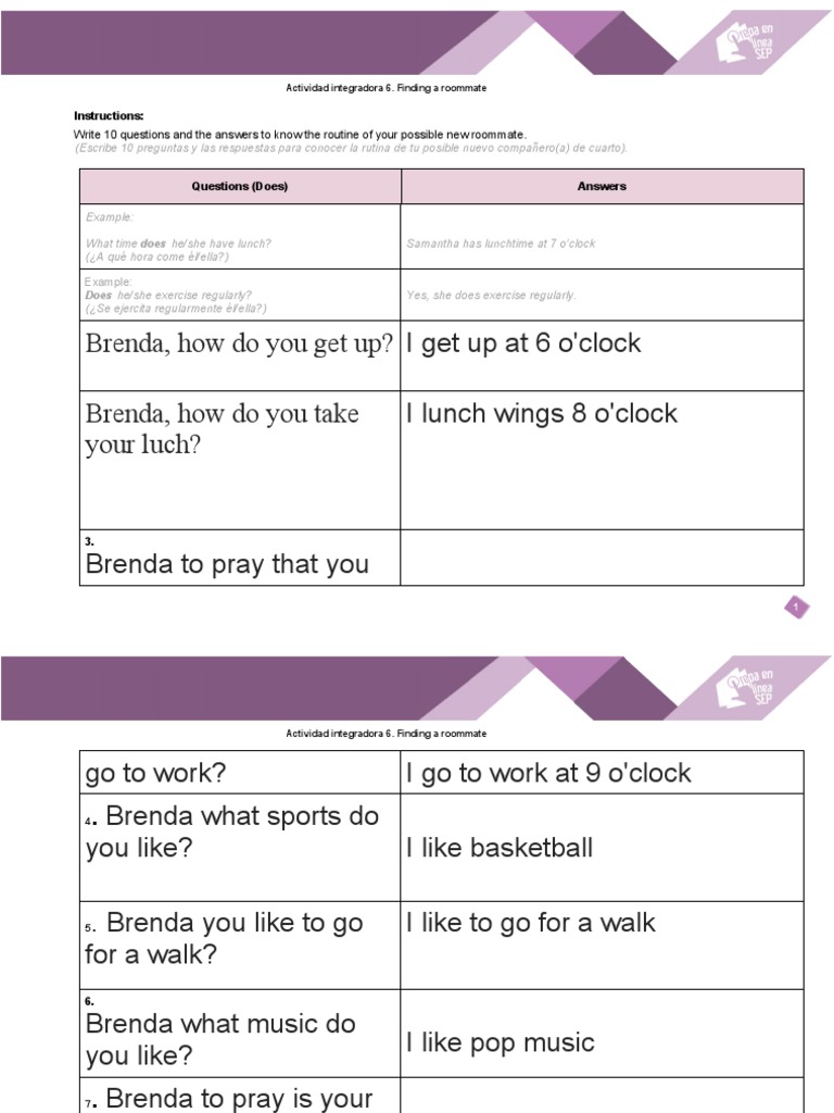Roommate Routine Questions and Answers | PDF | Language Arts & Discipline