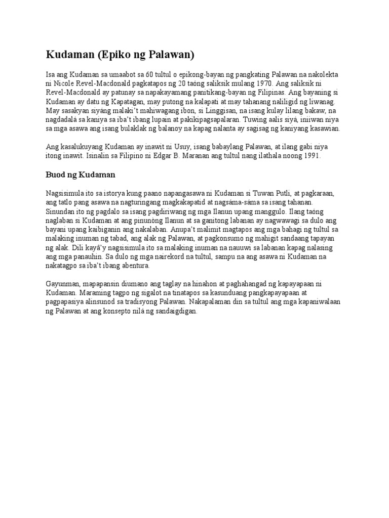 Kudaman (Epiko NG Palawan) | PDF