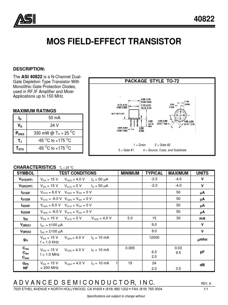 Rca-40822 - Dual Mosfet - Datasheet | PDF | Field Effect Transistor ...