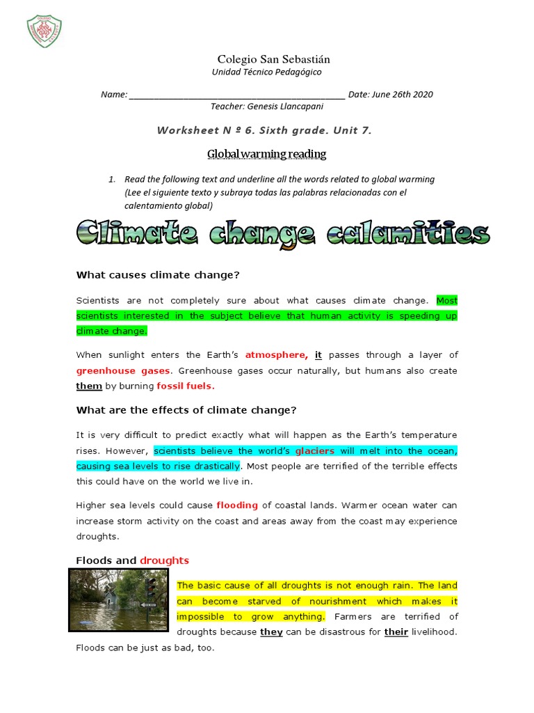 Worksheet N º 6. Sixth Grade. Unit 7.: Colegio San Sebastián | PDF ...