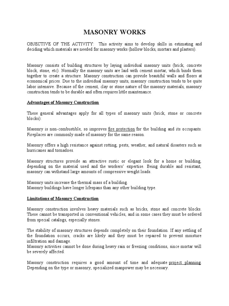 Masonry Works: Advantages and Estimation | PDF | Masonry | Mortar (Masonry)