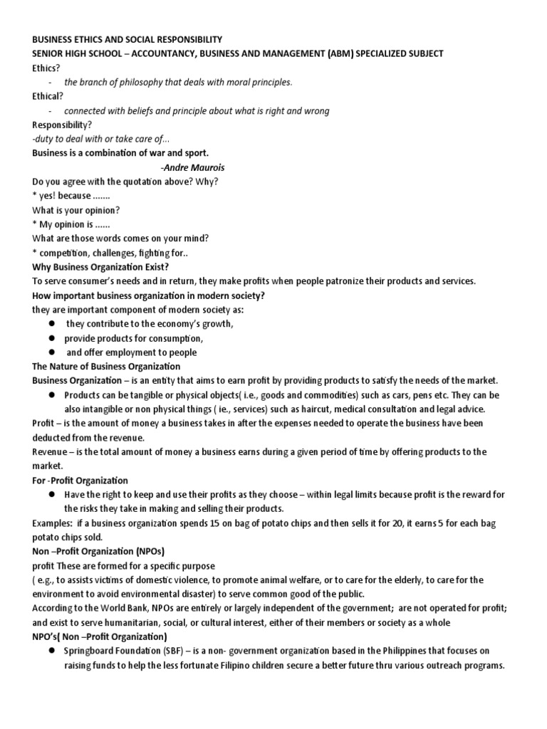 BUSINESS ETHICS AND SOCIAL RESPONSIBILITY Notes | PDF | Partnership ...