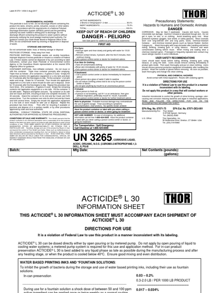 Danger - Peligro: Acticide L30 | PDF | Adhesive | Water Pollution