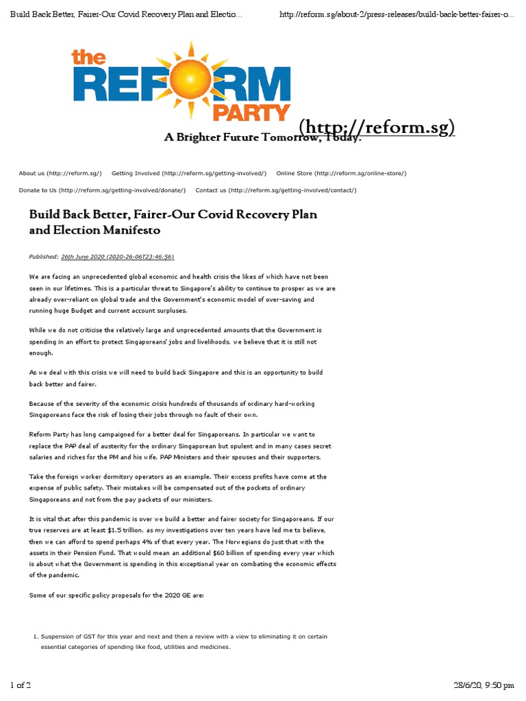 Reform Party Manifesto 2020 - Build Back Better, Fairer | PDF | Minimum ...