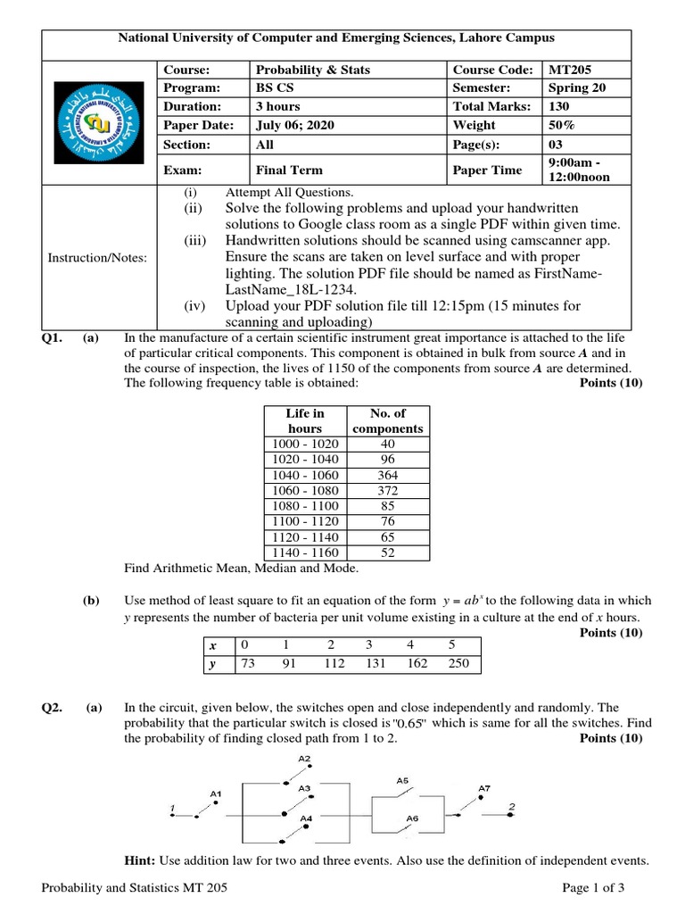 1 Prob & Stats FAST (Final Term-Online Paper) | PDF | Variance | Random ...