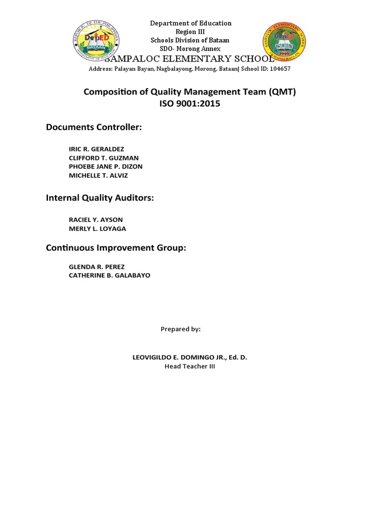 Composition of Quality Management Team (QMT) ISO 9001:2015 Documents ...