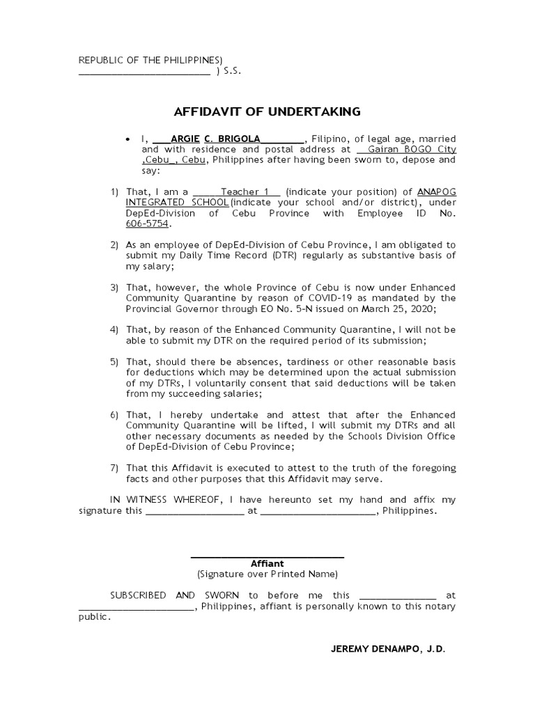AFFIDAVIT of Undertaking For Deped Employees | PDF