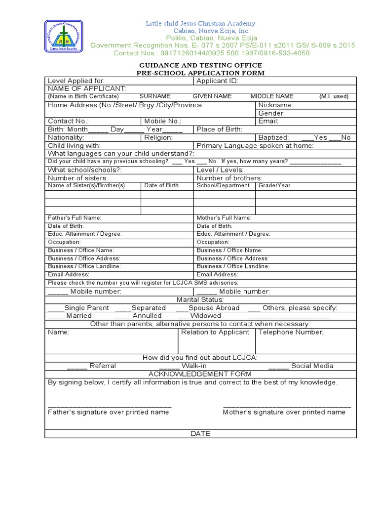 Pre School Application Form | PDF | Social Institutions | Social Science