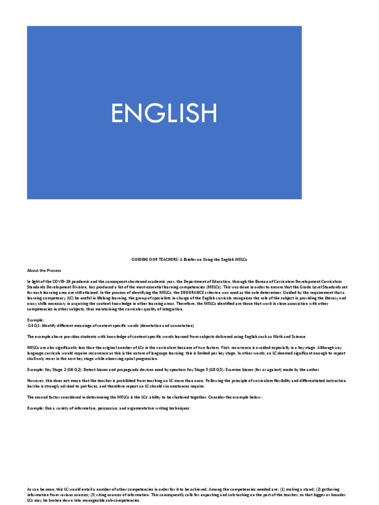 English MELCs: A Teacher's Guide | PDF | Curriculum | Verb
