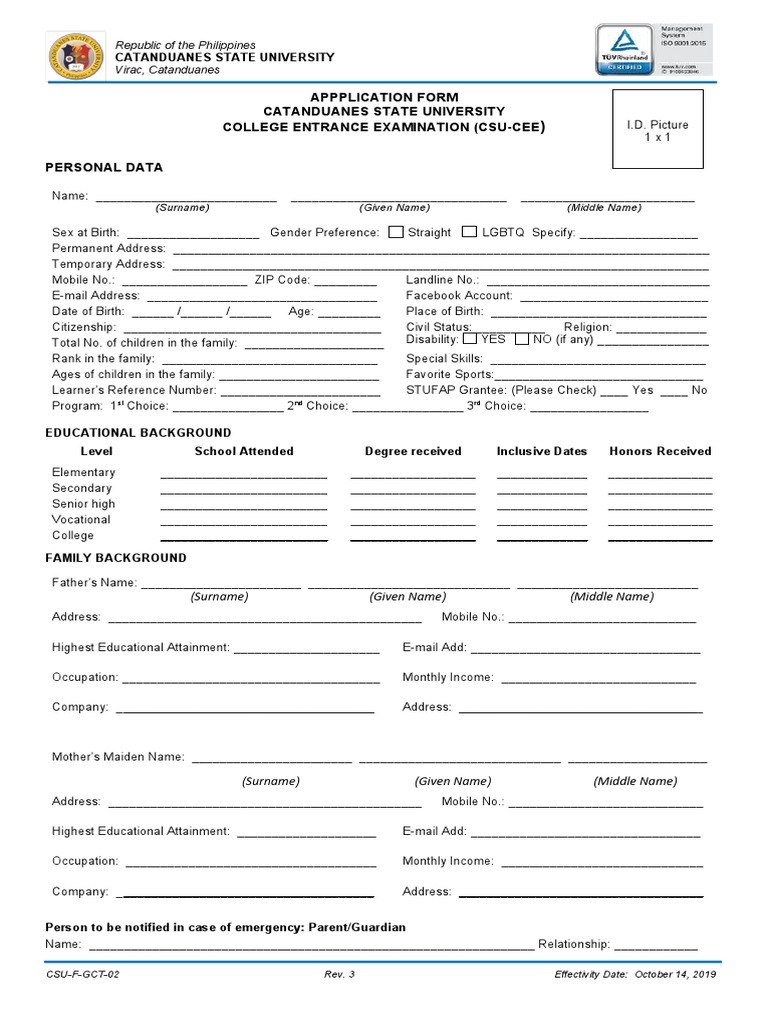 Appplication Form Catanduanes State University College Entrance ...