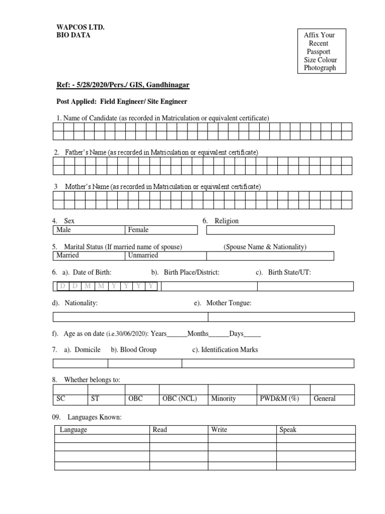 Ref: - 5/28/2020/pers./ GIS, Gandhinagar: Wapcos Ltd. Bio Data Affix ...