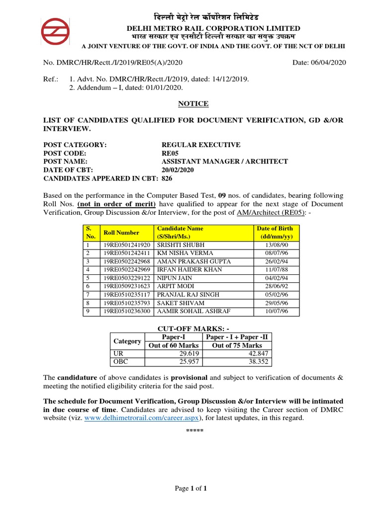 Re05-Result-For Dv-Gd-Interview-Am-Architect PDF | PDF | Government Of India | Transport