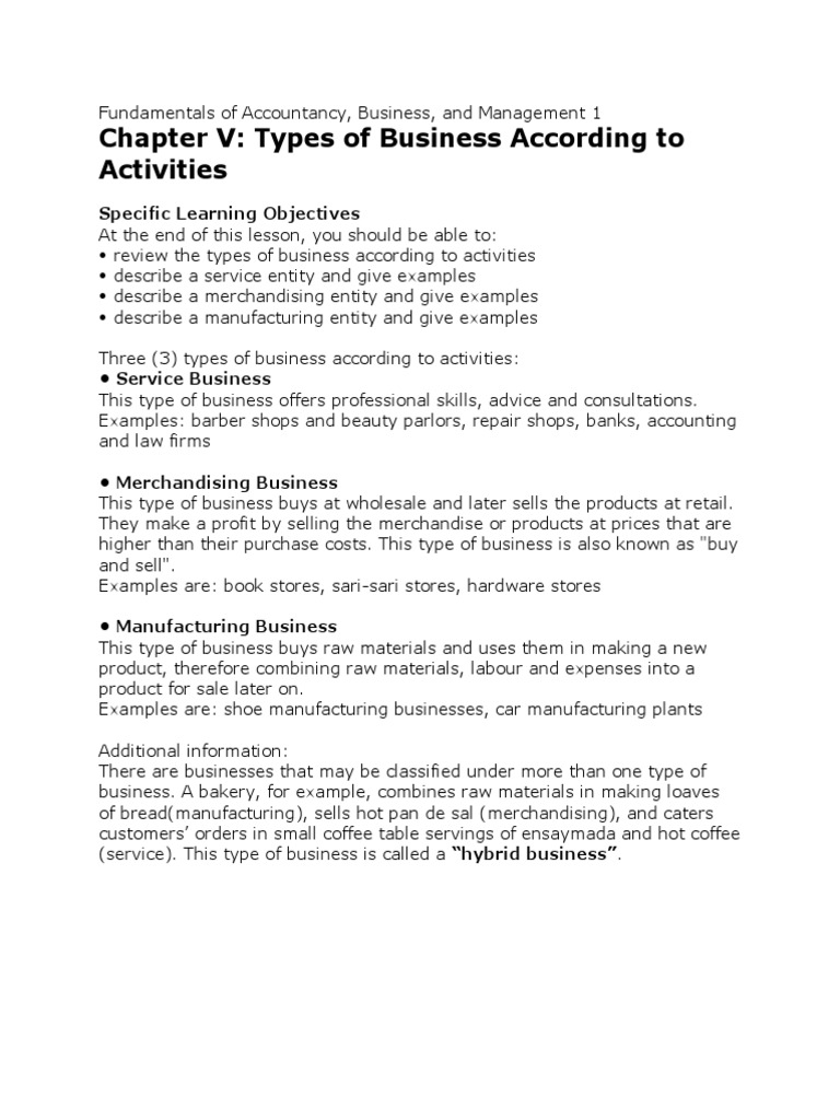 Chapter V. Types of Business According To Activities | PDF | Career ...