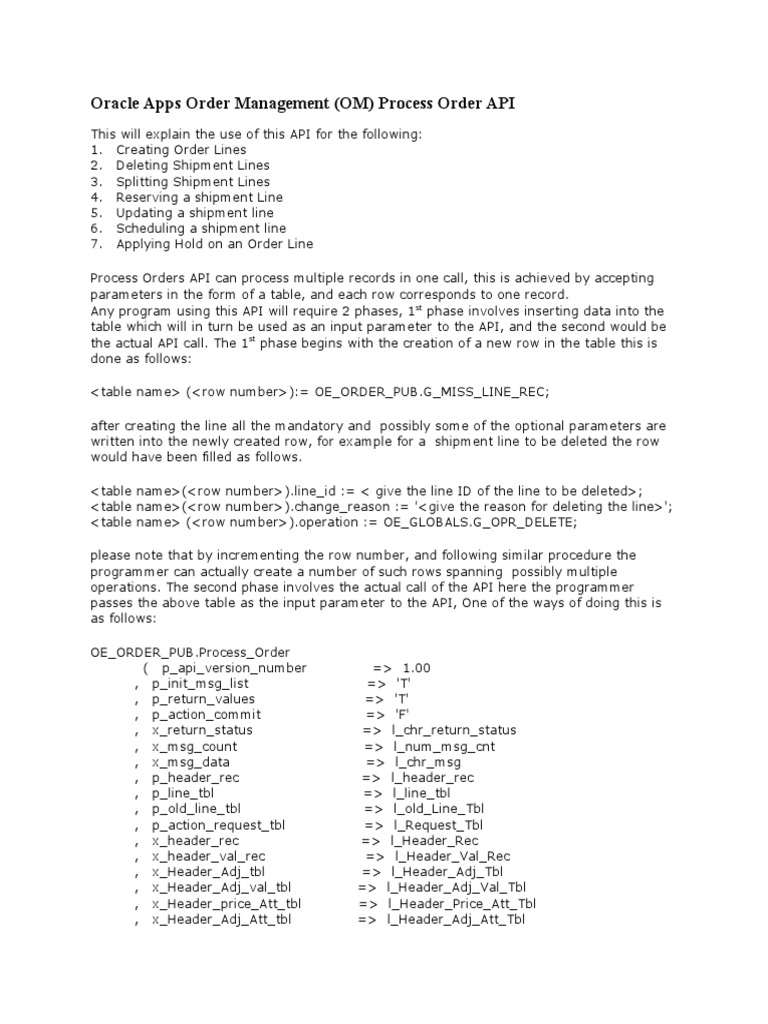 Oracle Apps Order Management (OM) Process Order API | Download Free PDF | Parameter (Computer ...