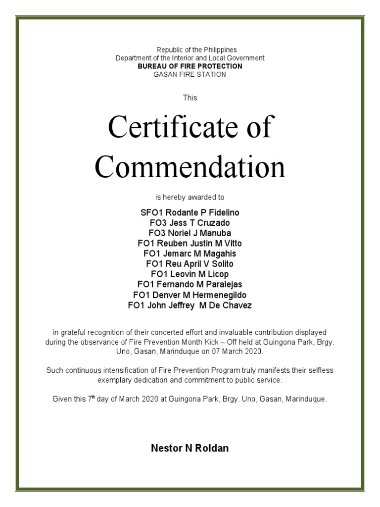 Certificate of Commendation for Fire Service | PDF