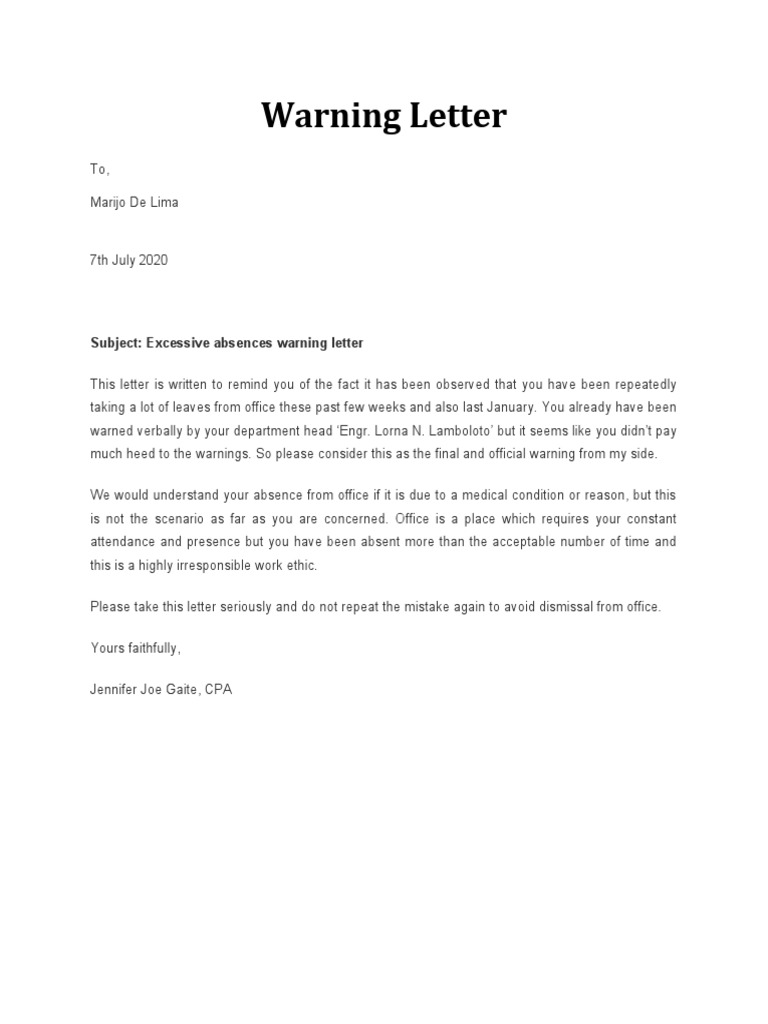 Excessive Absence Warning Letter | PDF