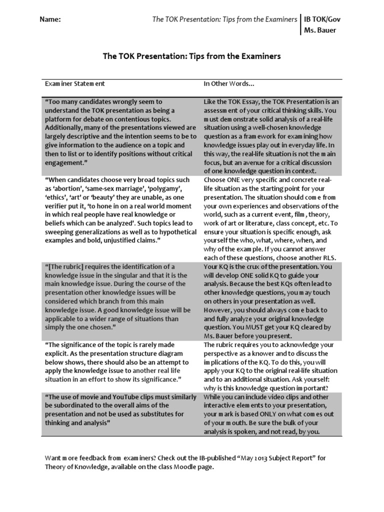 TOK Presentation Tips From The Examiners | PDF | Knowledge | Communication