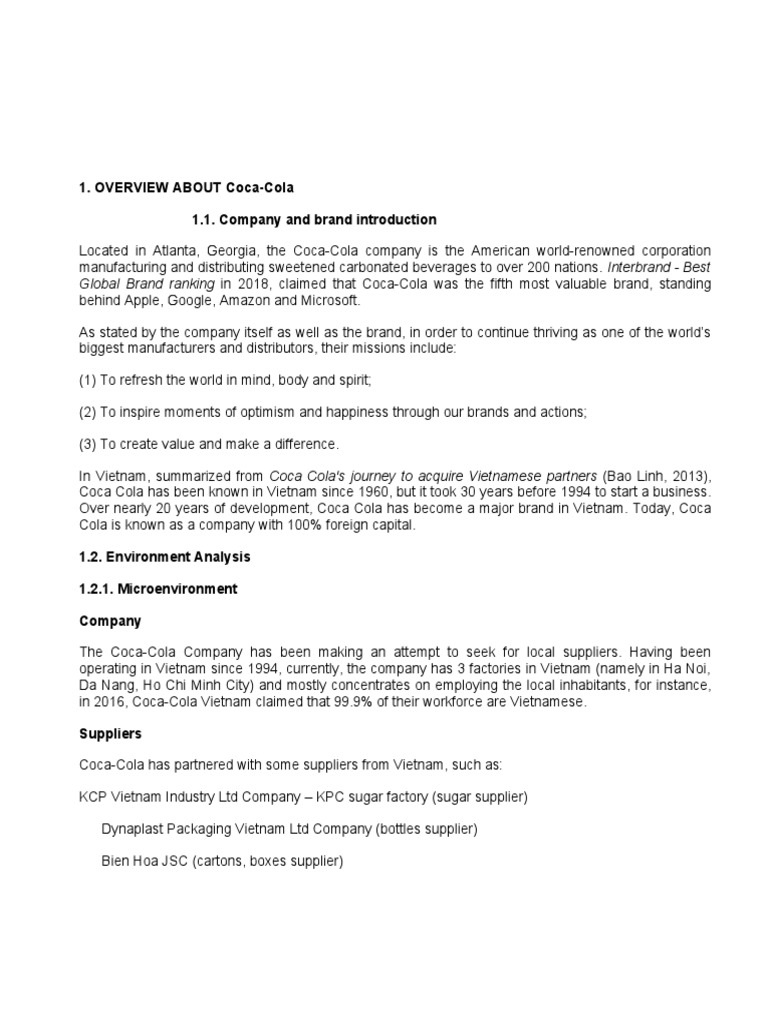 OVERVIEW ABOUT Coca-Cola 1.1. Company and Brand Introduction | PDF ...