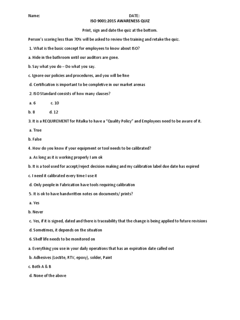 ISO 9001:2015 Awareness Quiz | PDF
