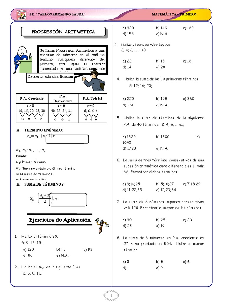 PROGRESION ARITMETICA - 1ro | PDF | Objetos matemáticos | Enseñanza de matemática