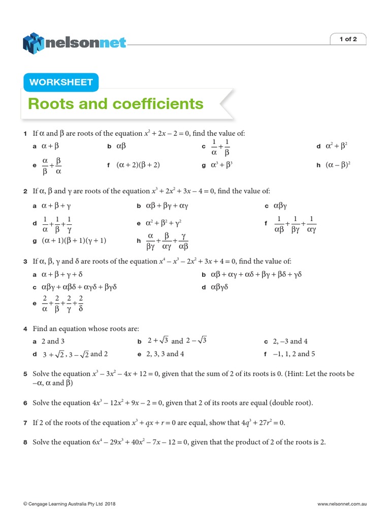 Roots and Coefficients: Worksheet | PDF | Zero Of A Function ...