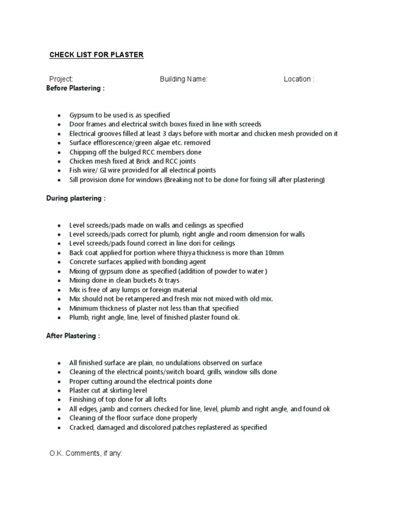 Plastering Quality Checklist | PDF | Technology & Engineering | Home ...