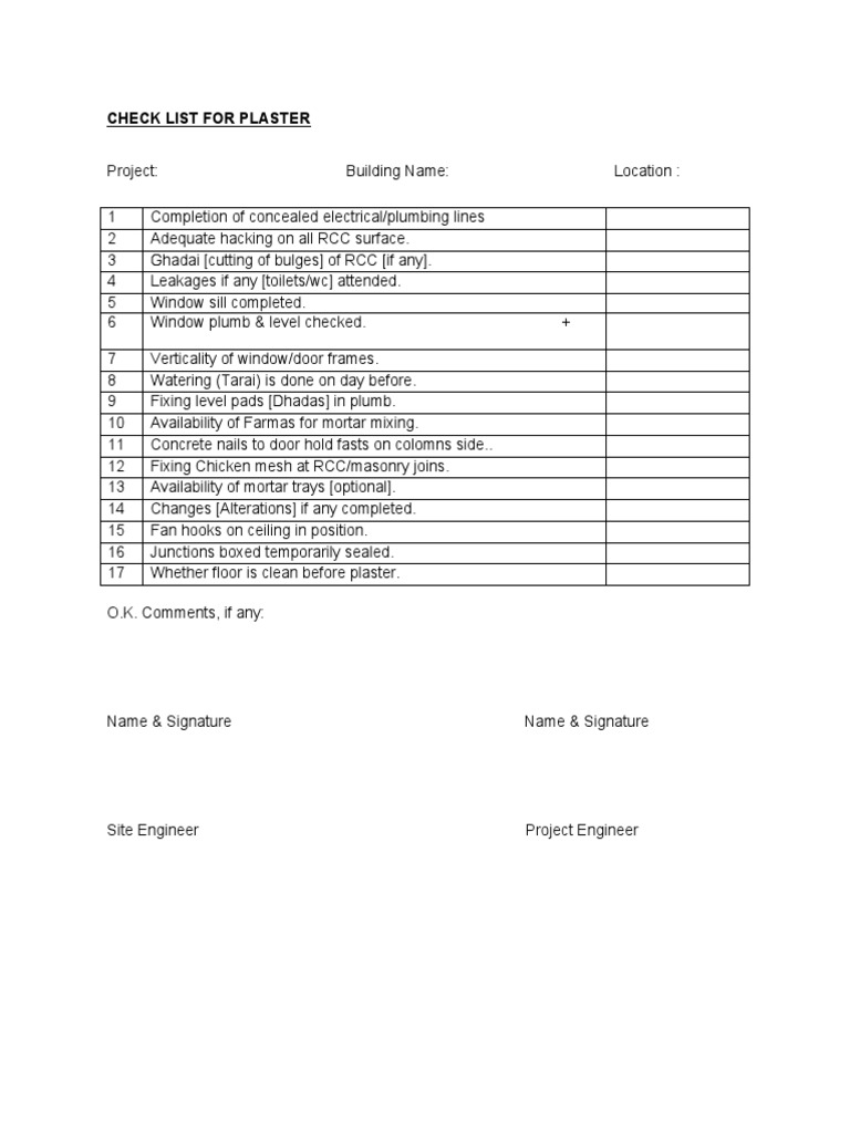 CHECK LIST FOR Plaster