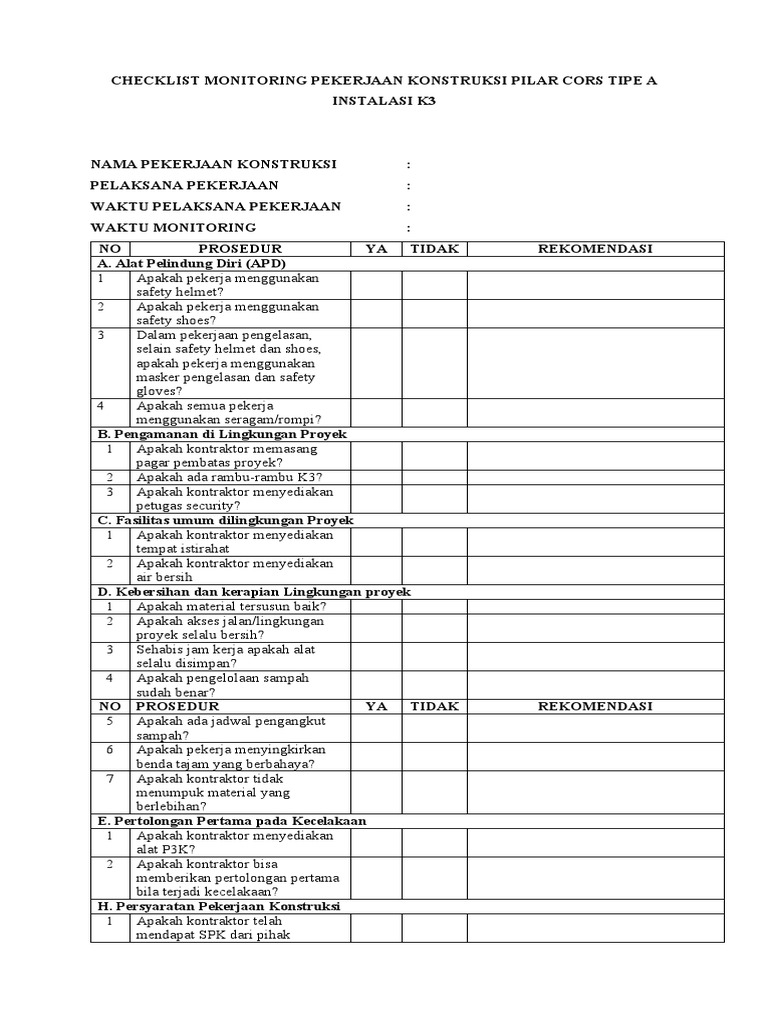 Draft Checklist K3 Pekerjaan Pilar Cors Tipe A 23062020 | PDF