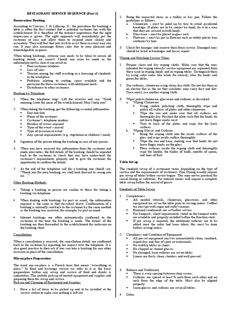 Restaurant Service Sequence (Part 1) Reservation/ Booking | PDF ...