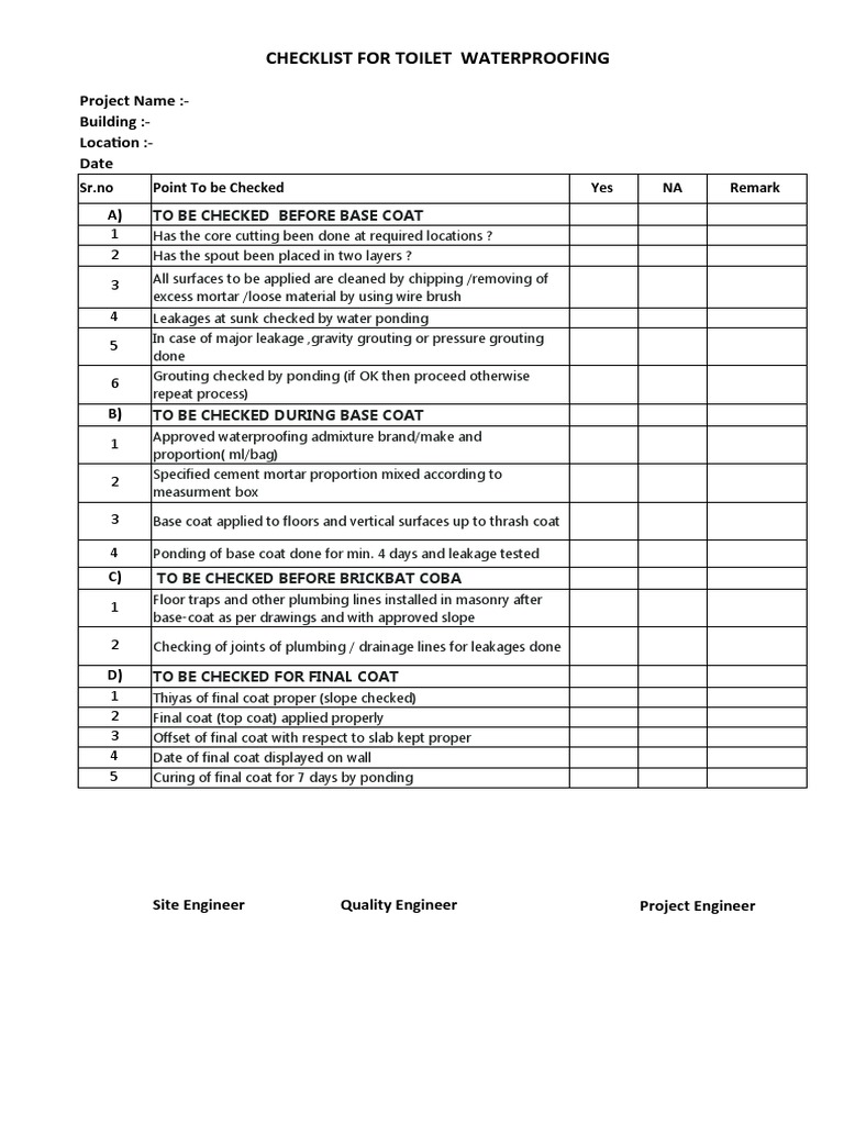 Checklist For Toilet Waterproofing: Project Name:-Building: - Location ...