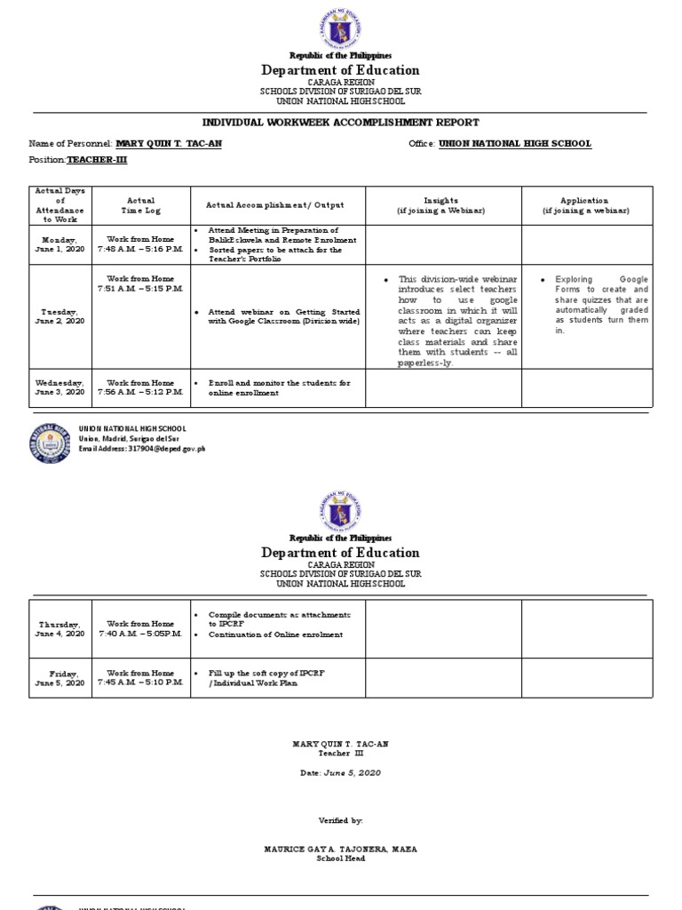 Department of Education: Individual Workweek Accomplishment Report ...