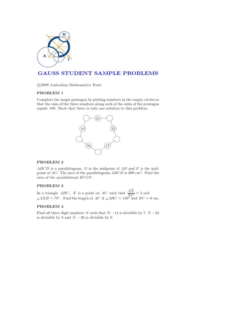 AMT Gauss Student Sample Problems | PDF | Euclidean Geometry ...