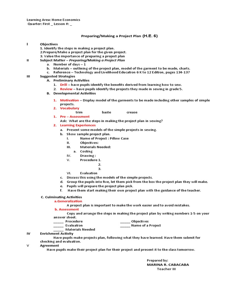 Grade 6 TLE Project Plan Guide | PDF | Communication | Pedagogy
