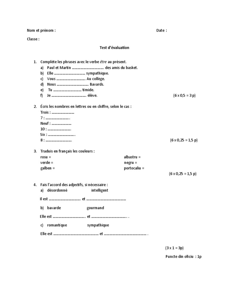 Test de français pour la classe 5 | PDF | Méthodes et références ...