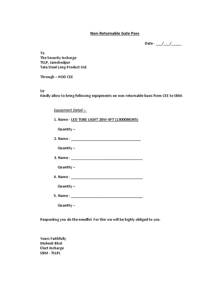 Non-Returnable Gate Pass: Equipment Detail | PDF