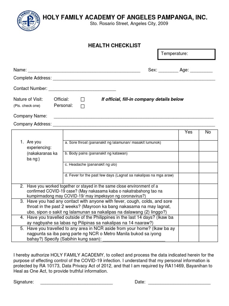 Holy Family Academy of Angeles Pampanga, Inc.: Health Checklist | PDF ...