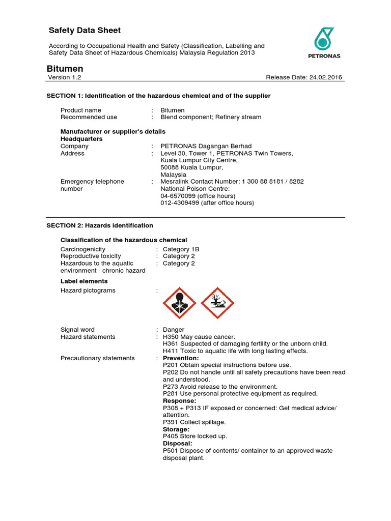 Bitumen: Safety Data Sheet | PDF | Dangerous Goods | Toxicity